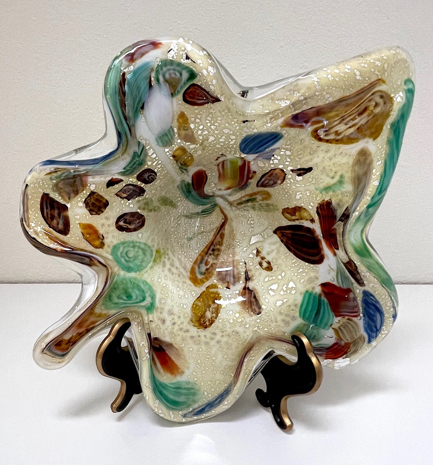 Murano AVEM Glass Leaf Bowl w Gold Silver Inclusions MCM Italian Art ...