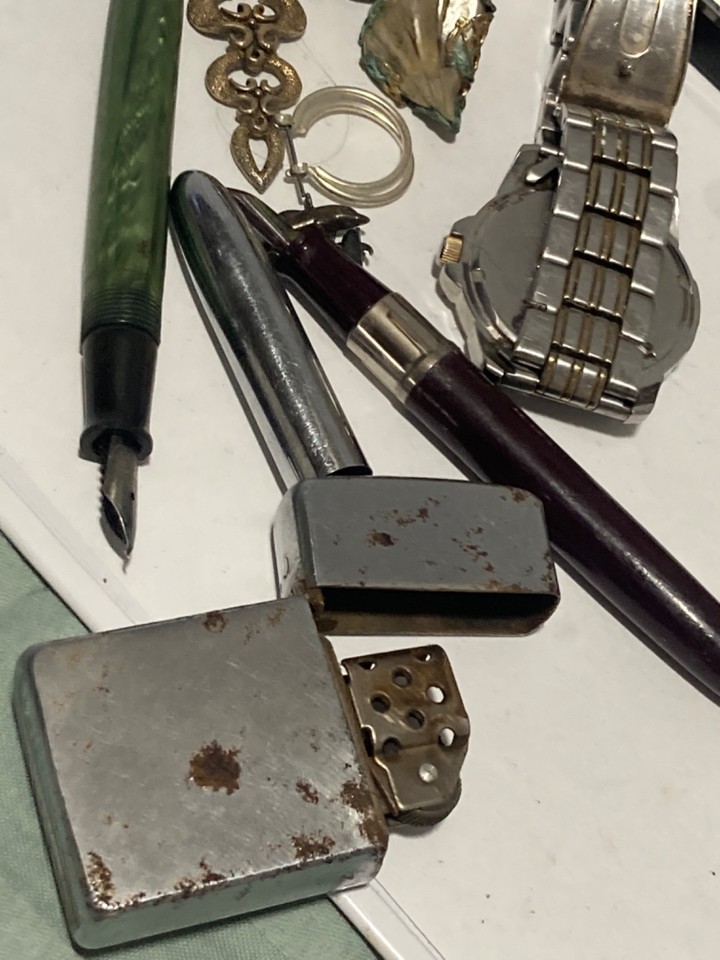 Vintage Junk Drawer Lot Watches Seko Fountain Pens Lighter Champ ...