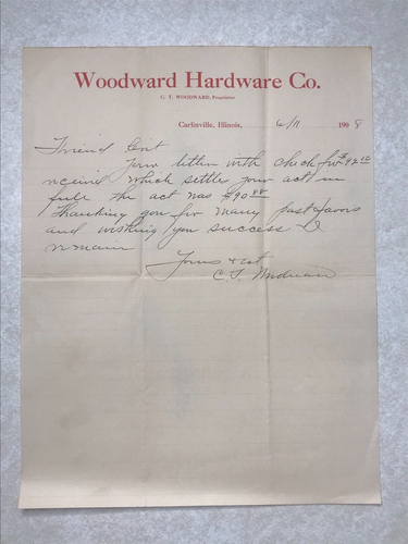 Woodward Hardware Co Carlinville IL Illinois 1908 Vintage Letterhead ...