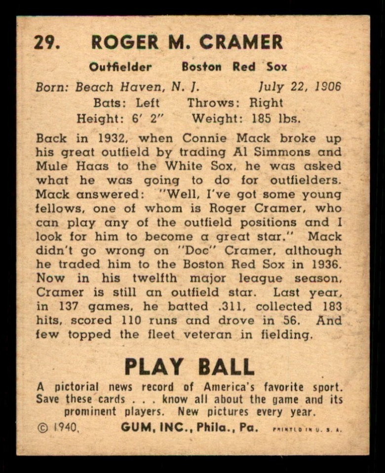 1940 Play Ball Baseball #29 Doc Cramer EX *f2 | eBay