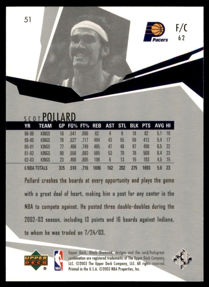 2003-04 Upper Deck Black Diamond Scot Pollard Indiana Pacers #51 | eBay