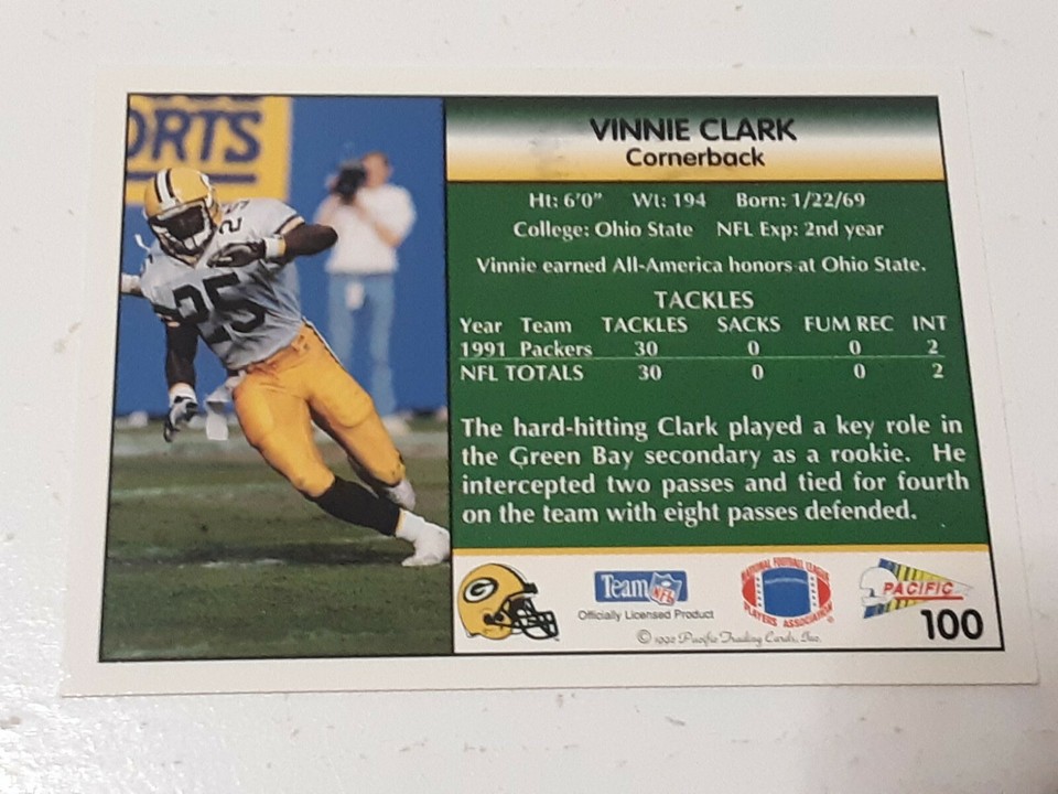 Vinnie Clark Green Bay Packers 1992 Pacific Autograph Card #100 READ ...