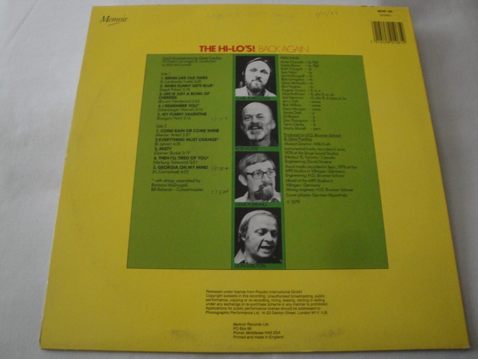 THE HI-LO'S! Back Again VINYL LP ALBUM 1979 MEMOIR MOIR RECORDS | eBay