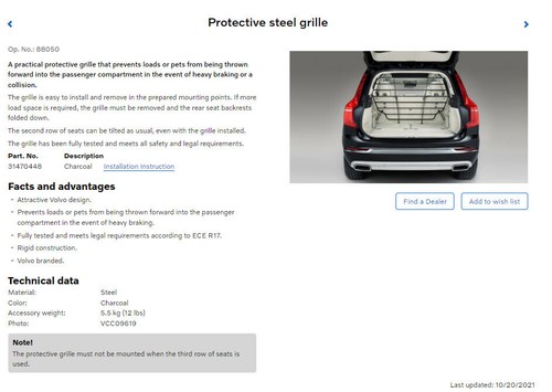 New Genuine Volvo XC90 Protective Steel Grill Pet Barrier 2016-2022 ...