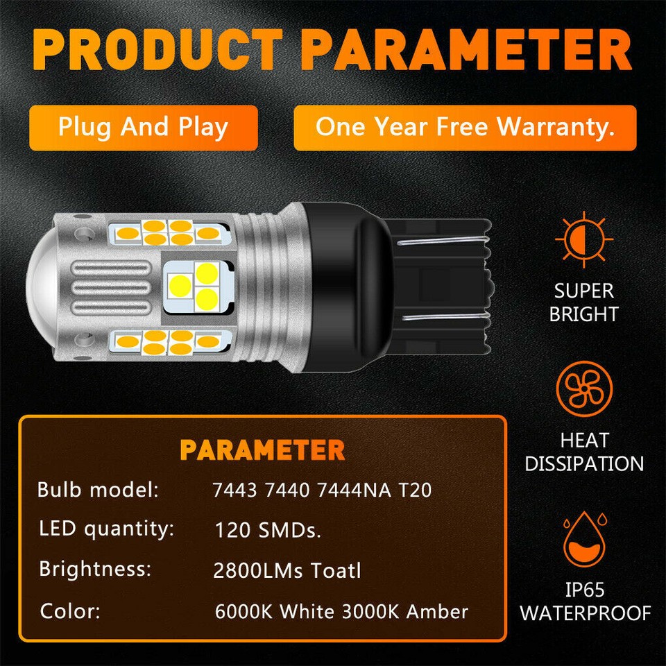 7440 Amber White LED Bulbs For Daytime Running Lights DRL Turn Signal ...