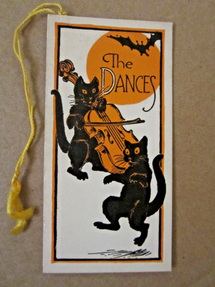 VTG 1920's ANTIQUE HALLOWEEN PARTY DANCE CARD BLACK CATS CELLO BAT MOON ...