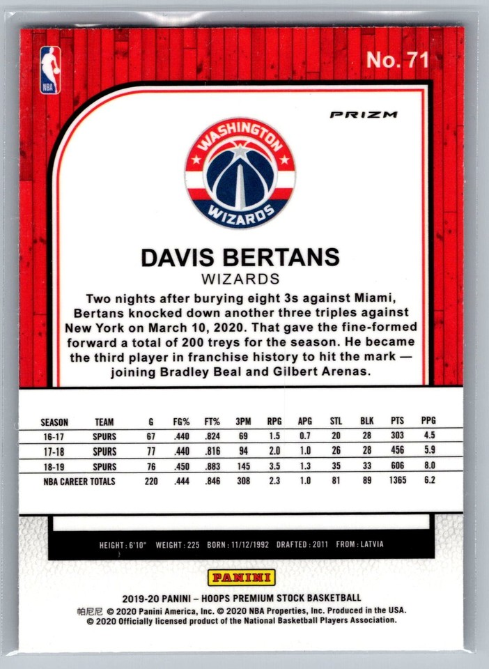 2019-20 Hoops Premium Stock #71 Davis Bertans Prizms Silver Laser | eBay