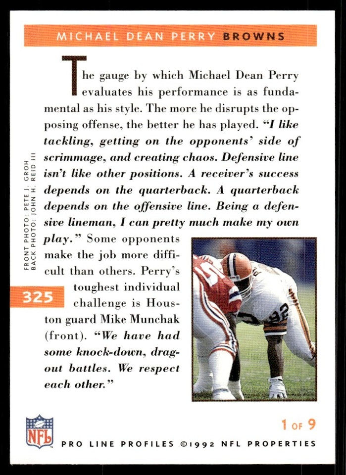 1992 Pro Line Football Card Michael Dean Perry Cleveland Browns #325 | eBay