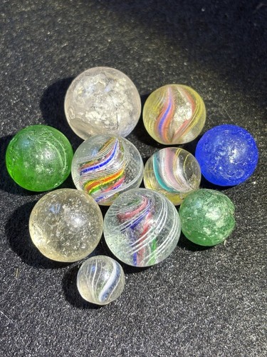 German Handmade Marbles. Group Of 10. Ribbon Cores, Micas. Good ...