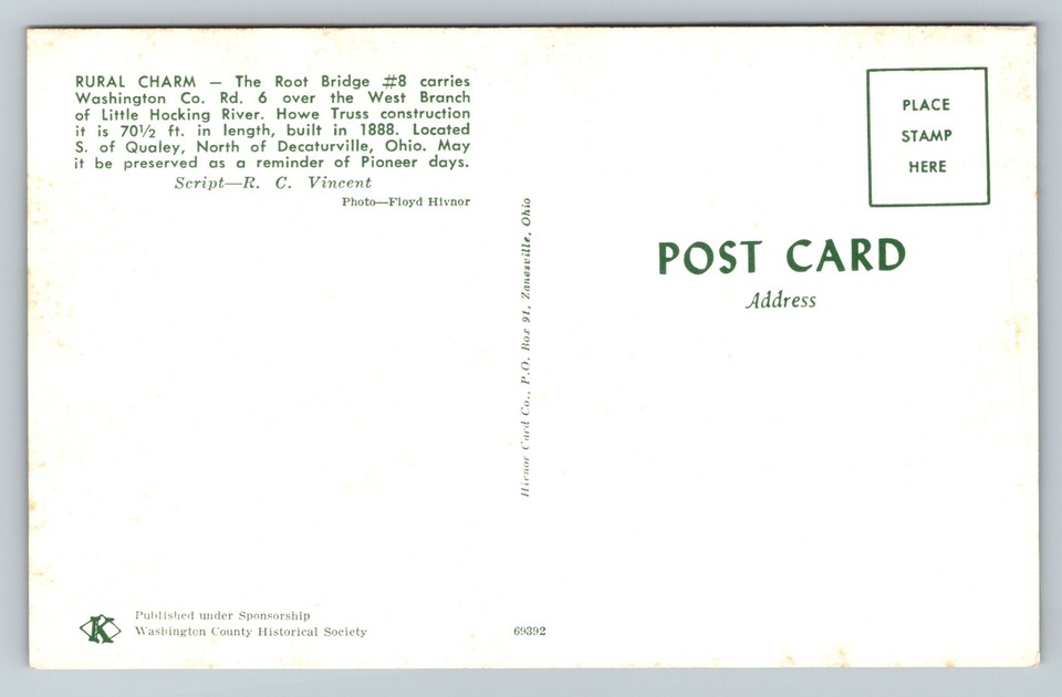 The Root Covered Bridge in Ohio Over Little Hocking River Vintage ...