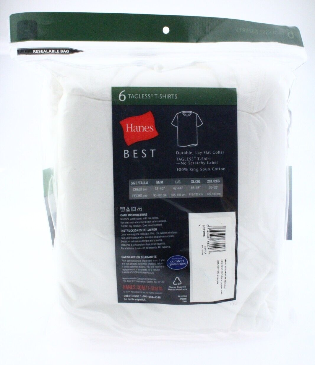 Hanes Best 6 Tagless T-shirts White Lay Flat Collar 100 Cotton Size XL ...