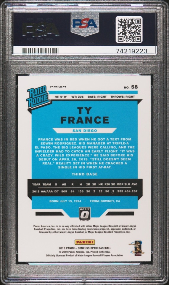 2019 Donruss Optic Ty France RC Pink #58 PSA 10 GEM POP 1 Toronto Blue ...