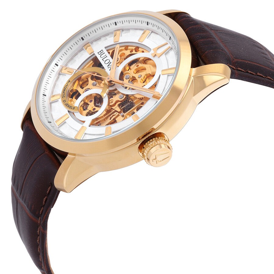 BULOVA MEN'S SUTTON AUTOMATIC SKELETON WHITE DIAL GOLD TONE ACCENTS ...