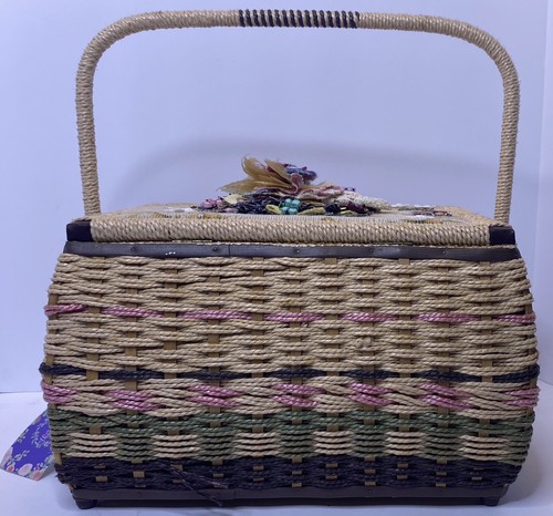 Large Wicker Sewing Basket Notions Keepsake Kit Vintage Granny Chic ...