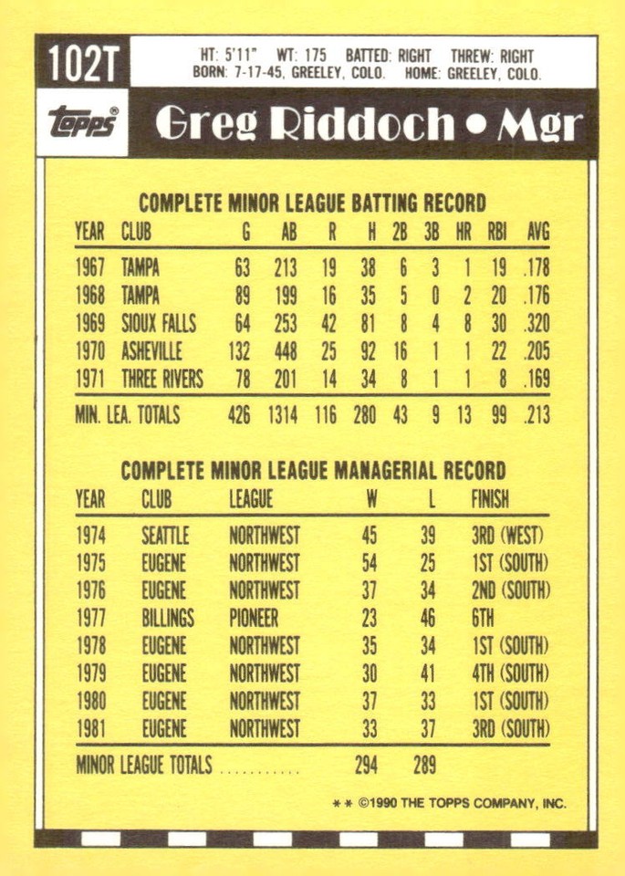 1990 Topps Traded #102T Greg Riddoch -MANAGER- San Diego Padres | eBay