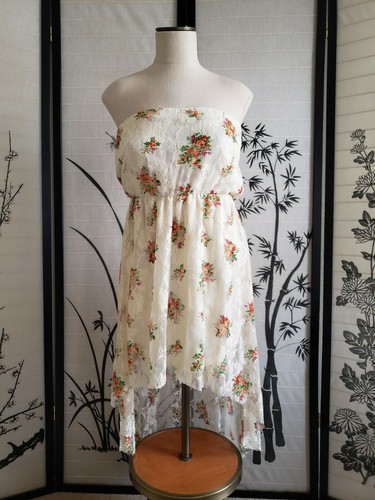 [Snap] Cream Floral Lace Asymmetrical High Low Hem Floral Print Boho ...