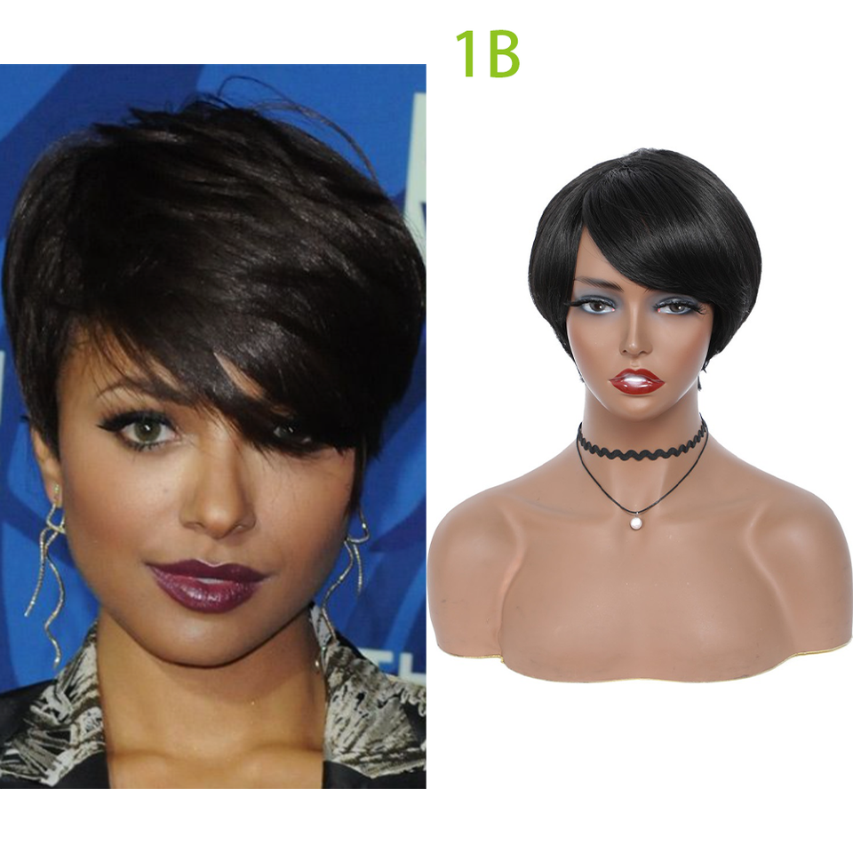 Short Pixie Cut Wig With Bangs Side Part Bob Black Straight Synthetic ...