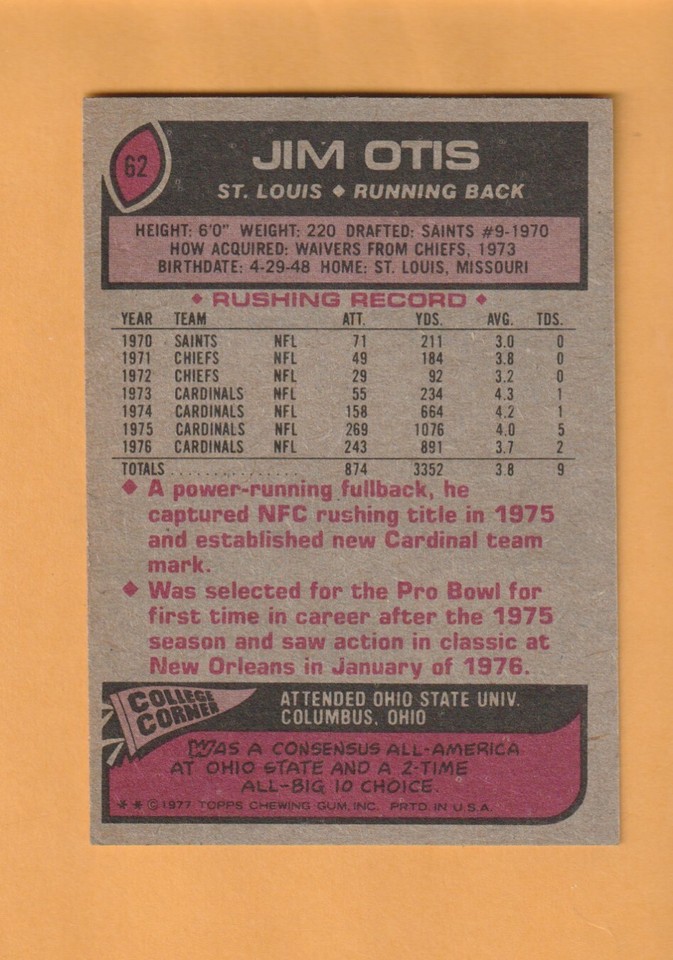 Jim Otis St. Louis Cardinals AUTO Signed 1977 Topps Ohio State Buckeyes ...