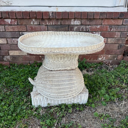Vintage Wicker Rattan Woven White Turtle Tortoise Table Plant Stand /w ...