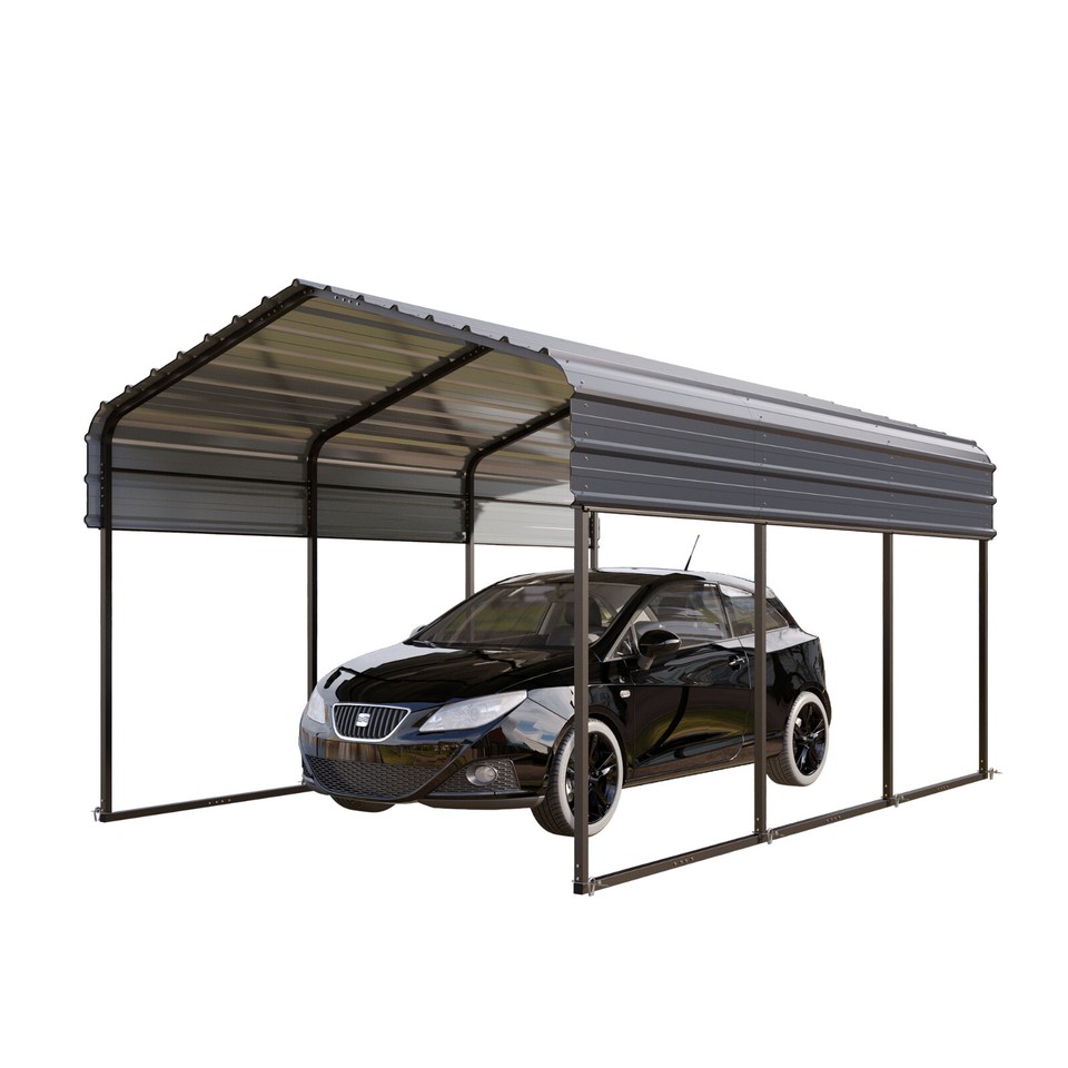 10' x 15' Gray Outdoor Carport Heavy Duty Metal Canopy Car Shelter with ...