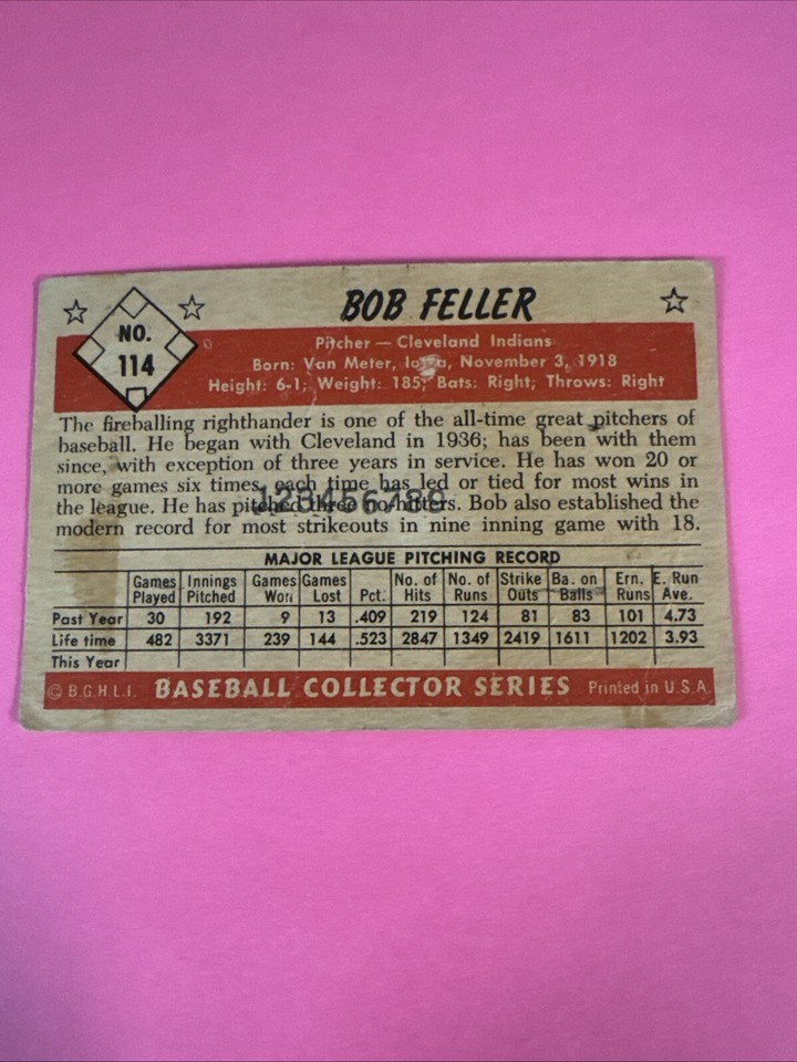1953 Bowman Color Card #114 Bob Feller PR/VG. Crease LOOK Cleveland ...