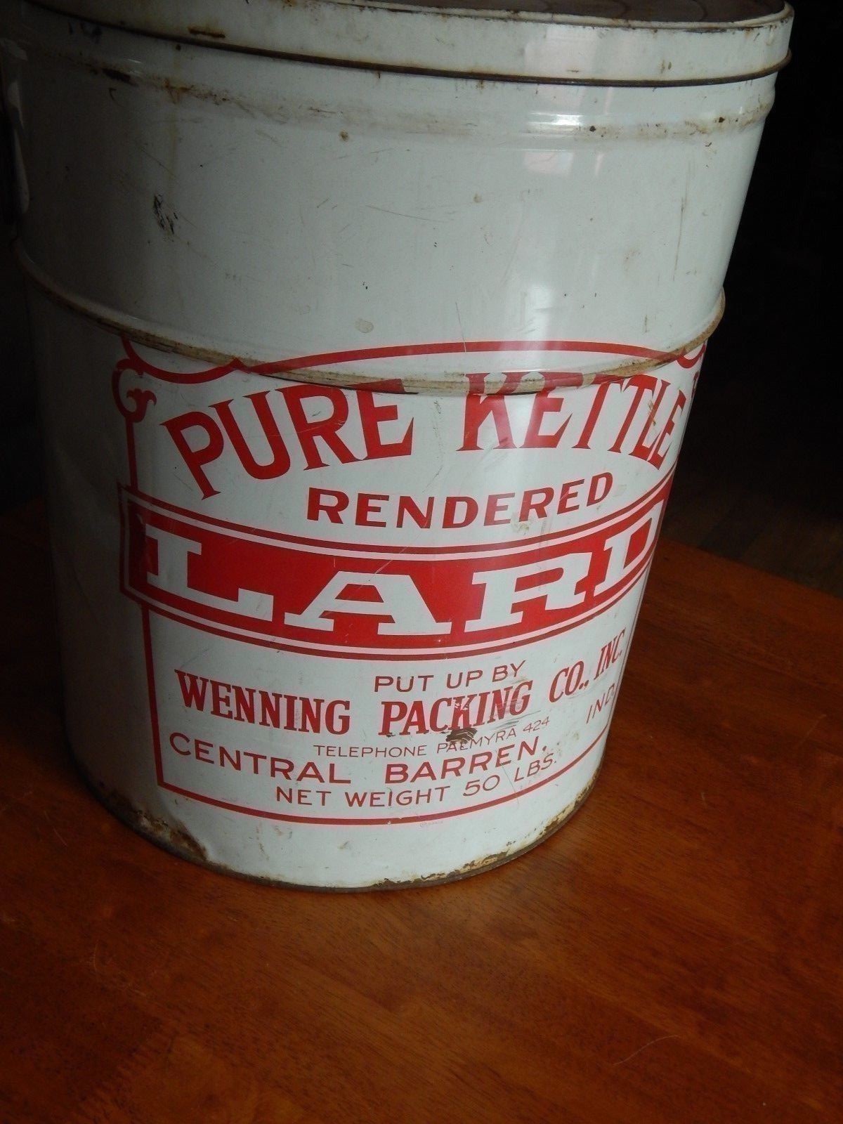Pure Kettle Rendered LARD [Wenning Packing Co] 15'' METAL CANISTER Vtg ...