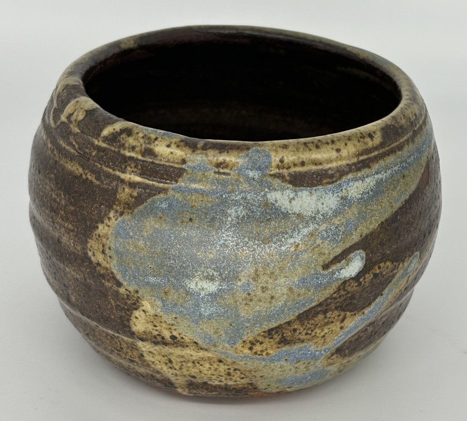 Vintage Stoneware Art Pottery Bowl Tan Brown Blue Abstract Glazed ...