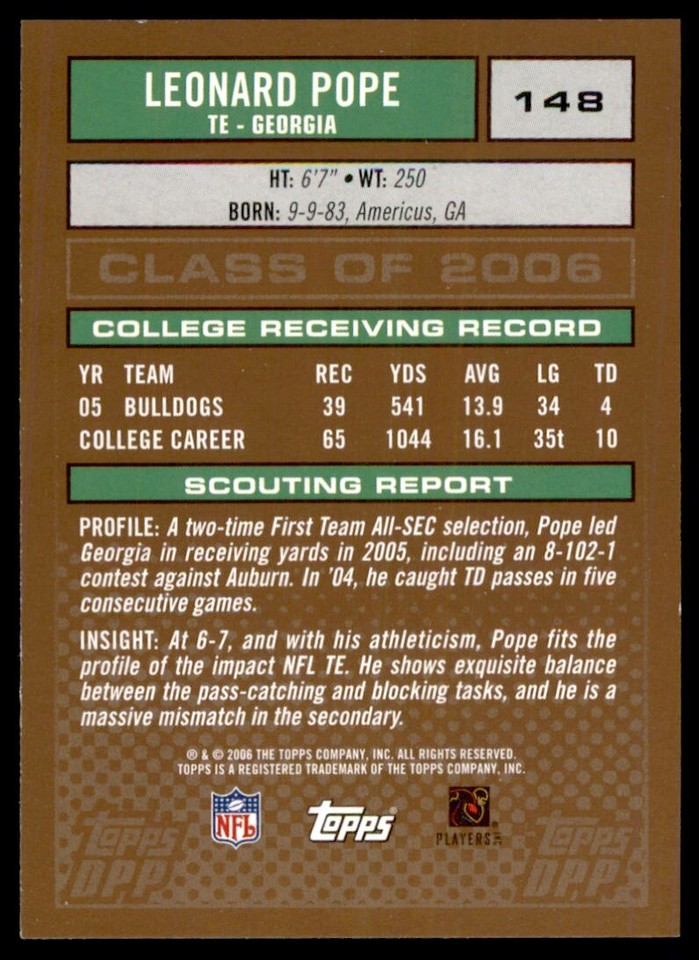 2006 TOPPS LEONARD POPE RC GEORGIA BULLDOGS #148 | eBay