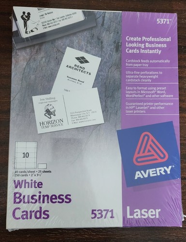 Avery Laser 5371 Business Cards, 2x3 1/2 inch White 250 Cards New ...