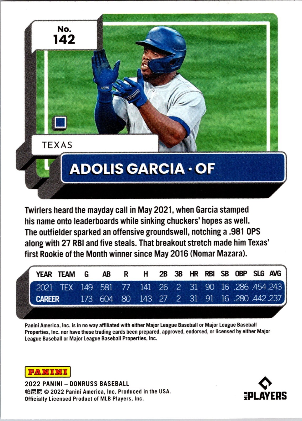 2022 Panini Donruss Orange Holo Adolis Garcia Texas Rangers Baseball ...