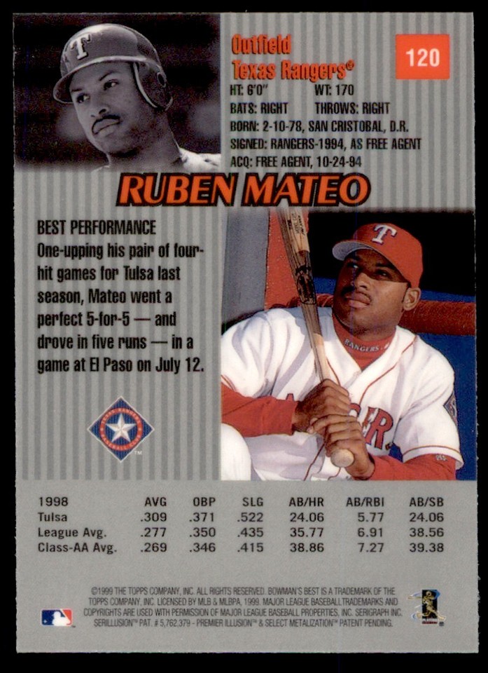 1999 BOWMAN'S BEST RUBEN MATEO TEXAS RANGERS #120 | eBay