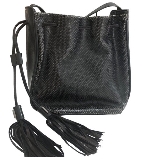 BOTKIER Snake Embossed Black Leather Tassel Drawstring Crossbody Bucket ...
