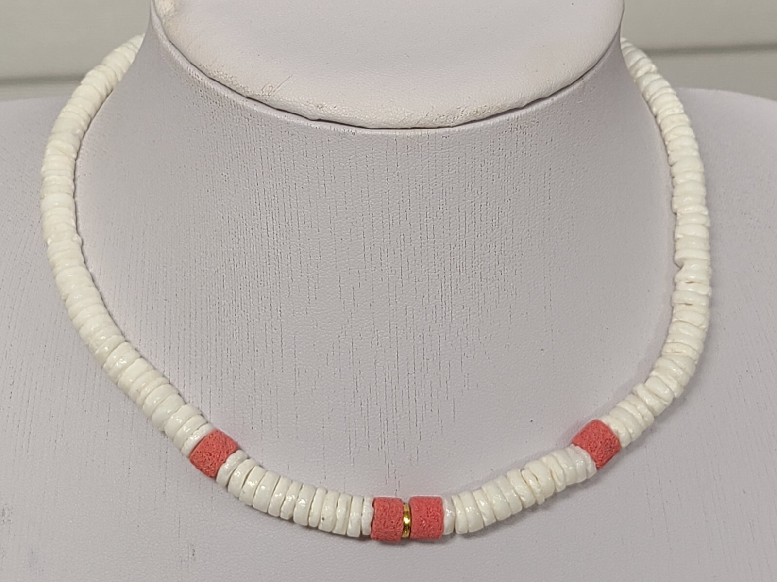 Vintage Polished Puka Shell Red Coral Beading Boho Ne… - Gem