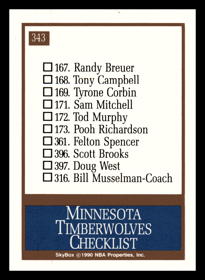 Minnesota Timberwolves Team Card 1990 SkyBox #343 Timberwolves Centered ...