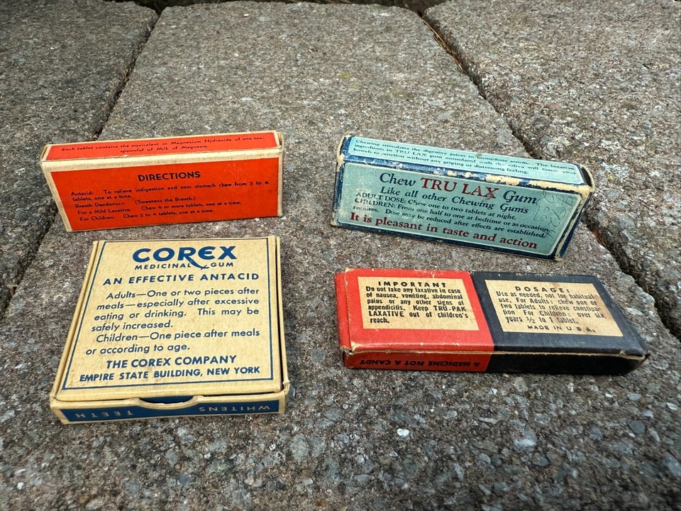 Vintage Laxative Chewing Gum Boxes.....Tru-Lax, Tru-Pak, Corex, Kieffer ...