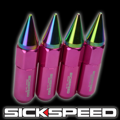 SICKSPEED 4 PC PINK/NEO CHROME SPIKED ALUMINUM LUG NUTS WHEELS/RIMS ...