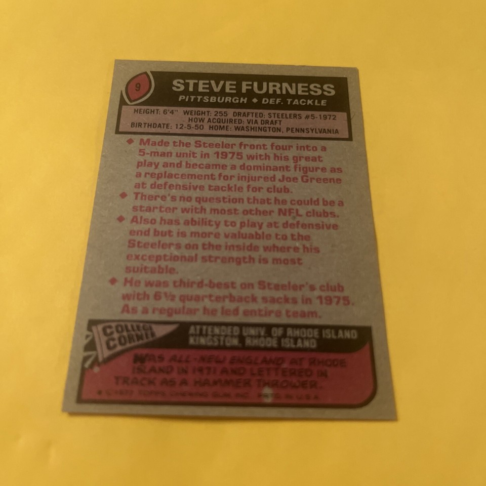 1977 Topps Steve Furness Pittsburgh Steelers 9 Ex Free Shipping | eBay