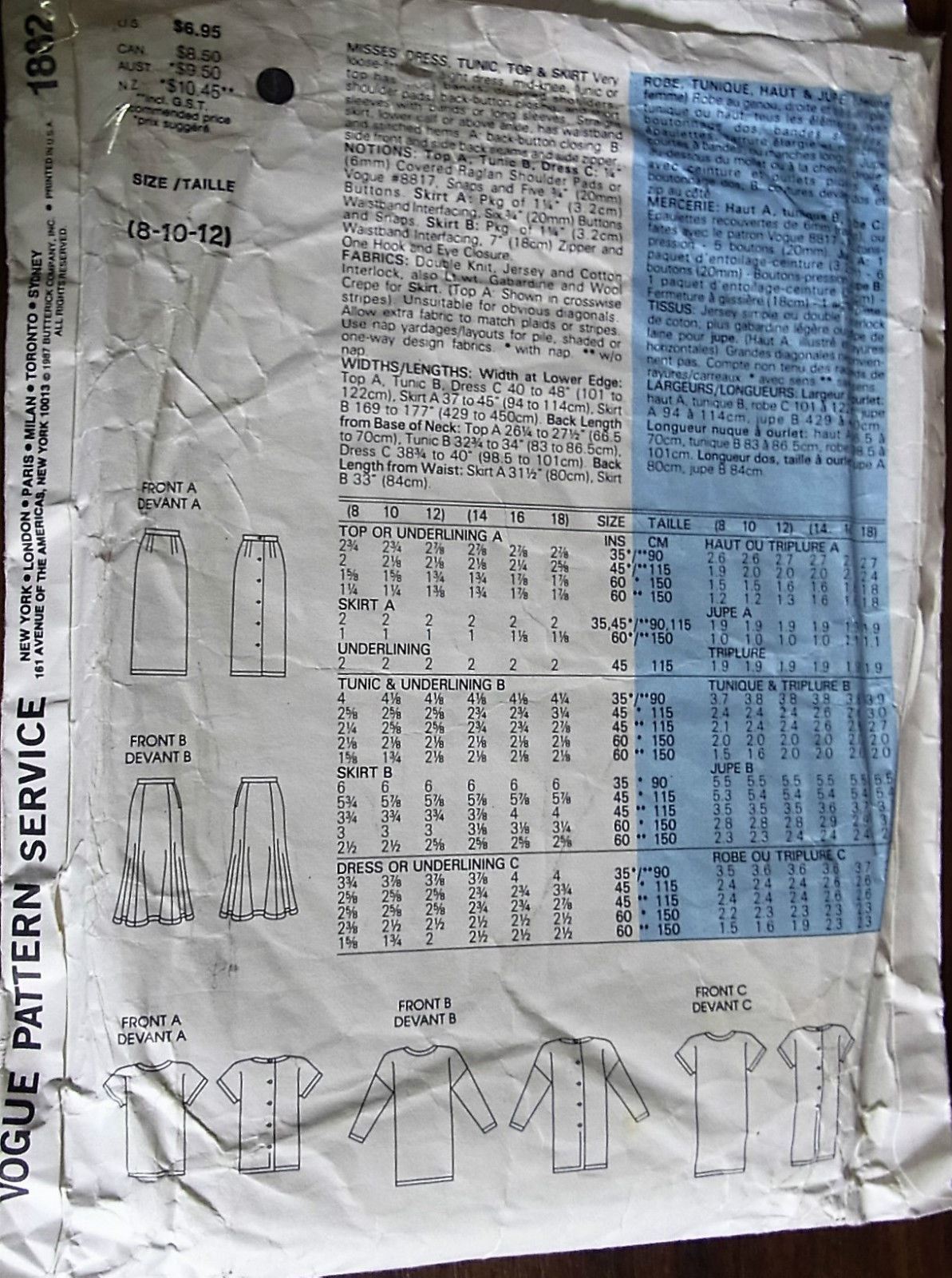Vogue sewing Patterns no.1882 sizes 8-10 ladies skirt & tops vintage ...