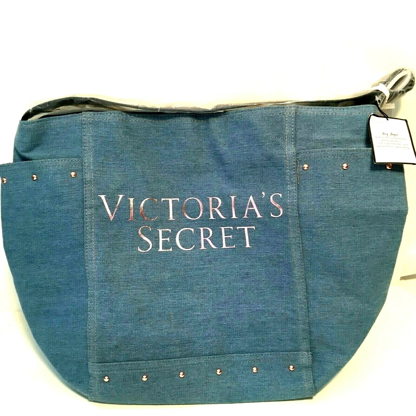 Victoria's Secret Blue Denim Tote Shoulder Bag Handbag Rose Gold ...