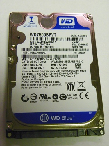 Western Digital WD7500BPVT-24HXZT3 ( SHOTJAB) Laptop 750GB 2.5" SATA ...