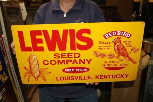 Vintage 1960's Lewis Red Bird Seed Corn Company Farm 22" Tin Tacker ...