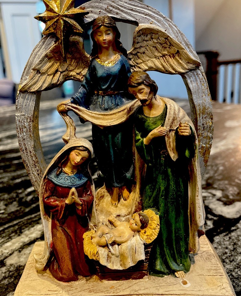 Carved Resin Christmas Nativity Scene Angel Overlooking Mary Joseph ...