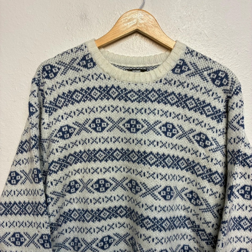 Vintage Fair Isle Jumper Mens XXL Cream Blue Icelandic Pattern Wool ...