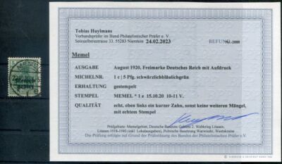 Memel 1c color!! Stamped BPP certificate 280EUR (T4560 | eBay UK