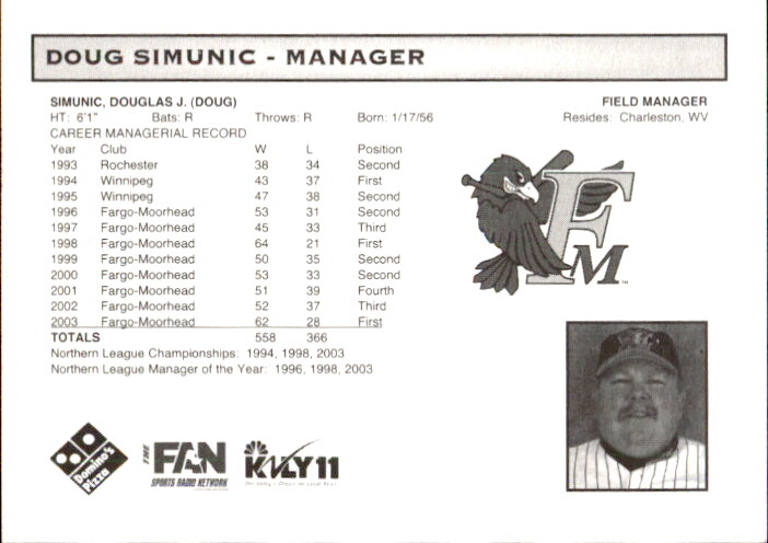 2004 Fargo-Moorhead Redhawks #2 Doug Simunic Charleston West Virginia ...