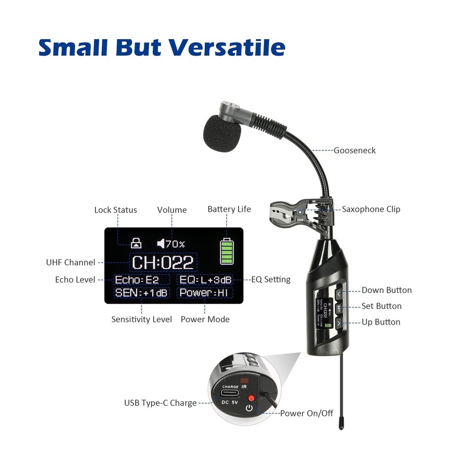Wireless Saxophone Microphone System, Clip-On Instrument Microphone for ...