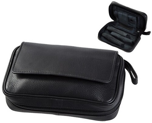 ANGELO BLACK LEATHER 3 PIPE BAG CASE w. TOBACCO POUCH + ACCESSORIES ...