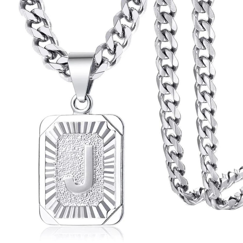 Silver Color Square Initial Letter A-ZPendant Necklace 3MM Stainless ...