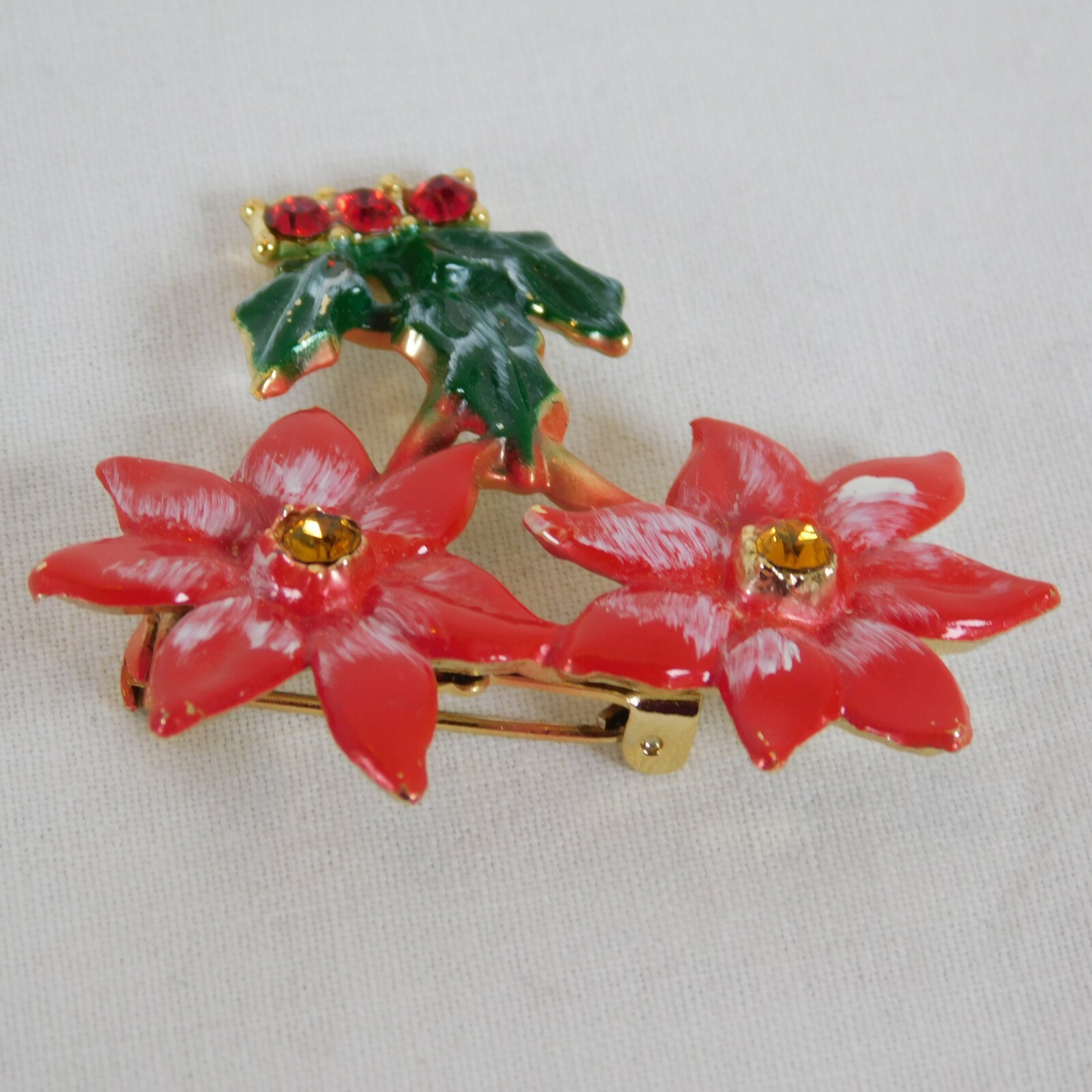 Beatrix BJ Potted Poinsettia Flower Brooch Pin Gold Tone Rhinestones ...