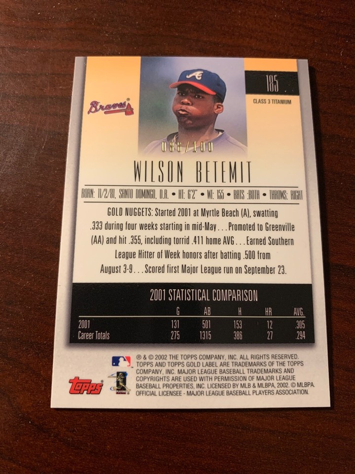 WILSON BETEMIT /100 TOPPS GOLD LABEL TITANIUM CLASS 3 2002 02 RARE ...